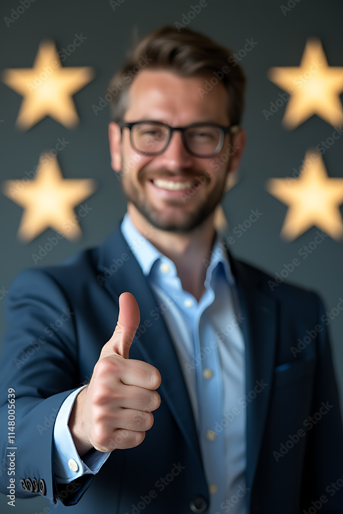Businessman smiles and gives a virtual thumbs up with five stars ...