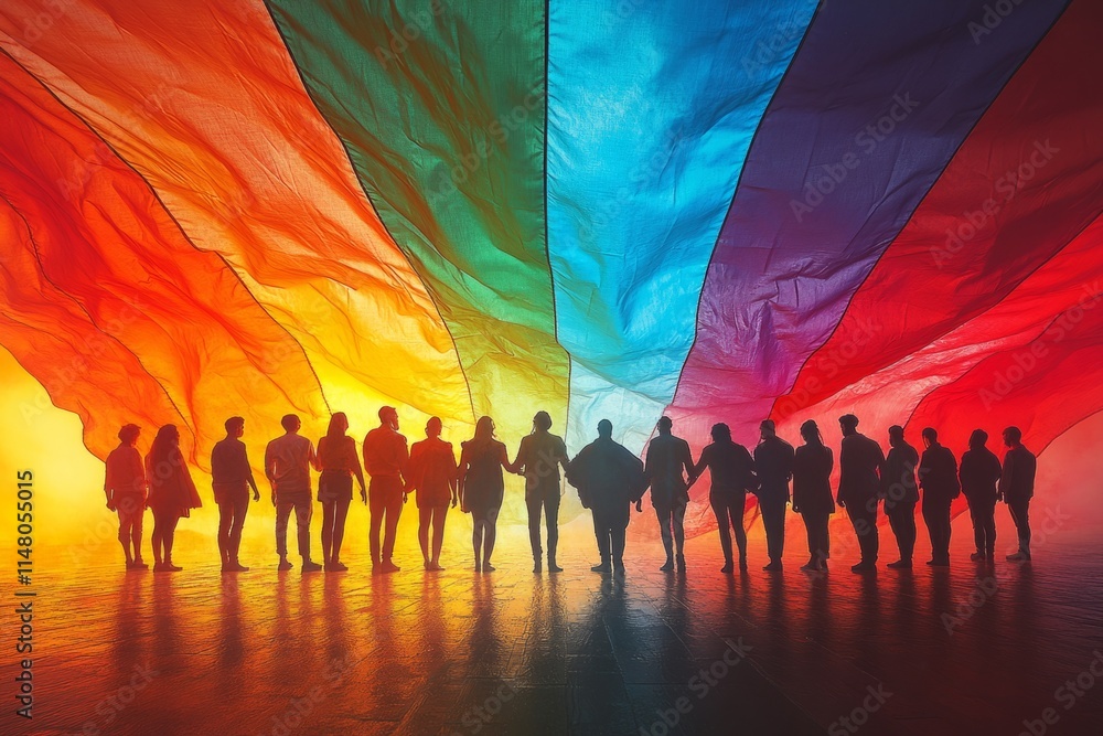Silhouetted people holding hands under a large rainbow flag ...