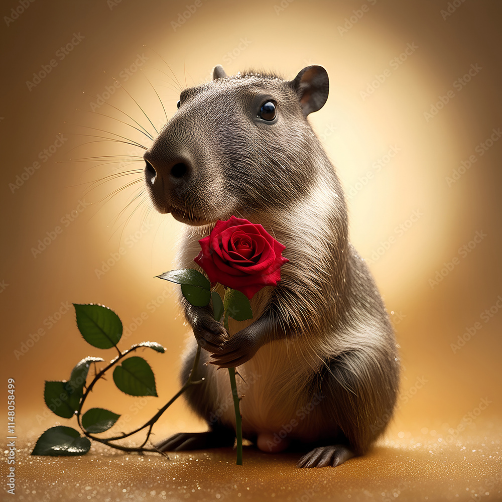 Capybara with beautiful red rose, isolated on a gold background ...