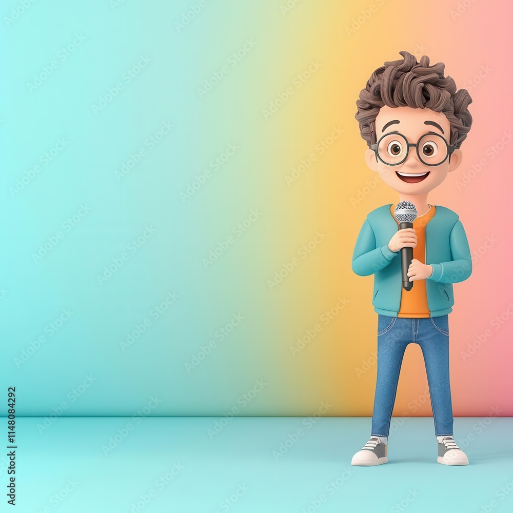 A 3D clipart of a podcaster holding a microphone, standing on the right ...