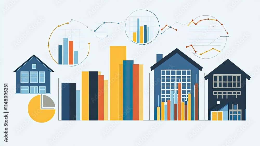 Real estate market analysis houses, graphs, charts showing growth ...
