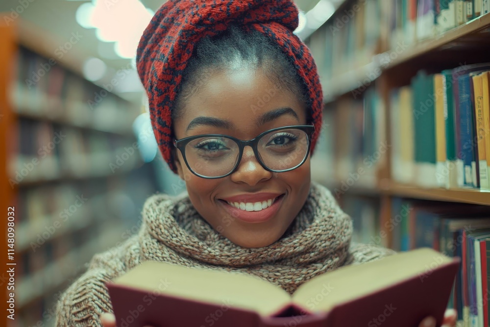 Reading, library book and woman student with a smile about learning ...