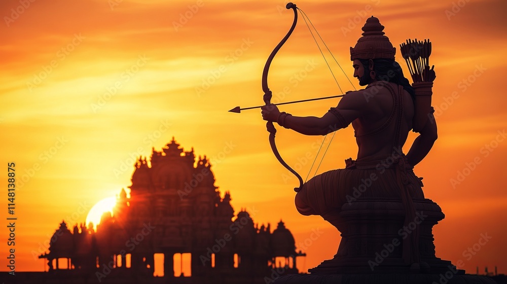 Lord Rama Silhouette with Bow and Arrow in Front of Ram Mandir at ...
