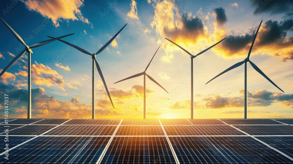 Renewable energy site with solar panels, wind turbines, and battery ...