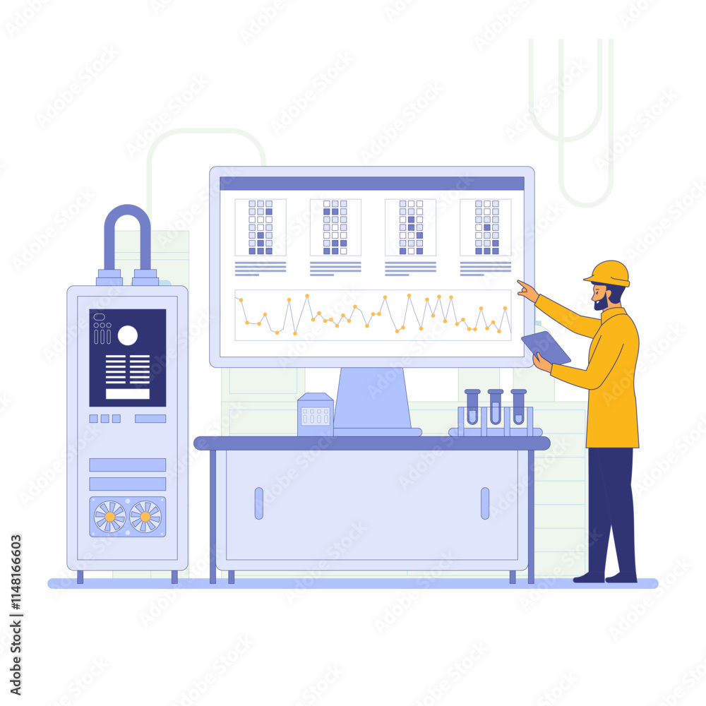 An engineer stands before a large control panel with multiple screens ...