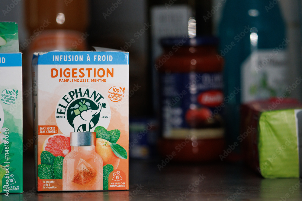 France, 12 August 2024: Box of Elephant brand digestion tea infusion ...