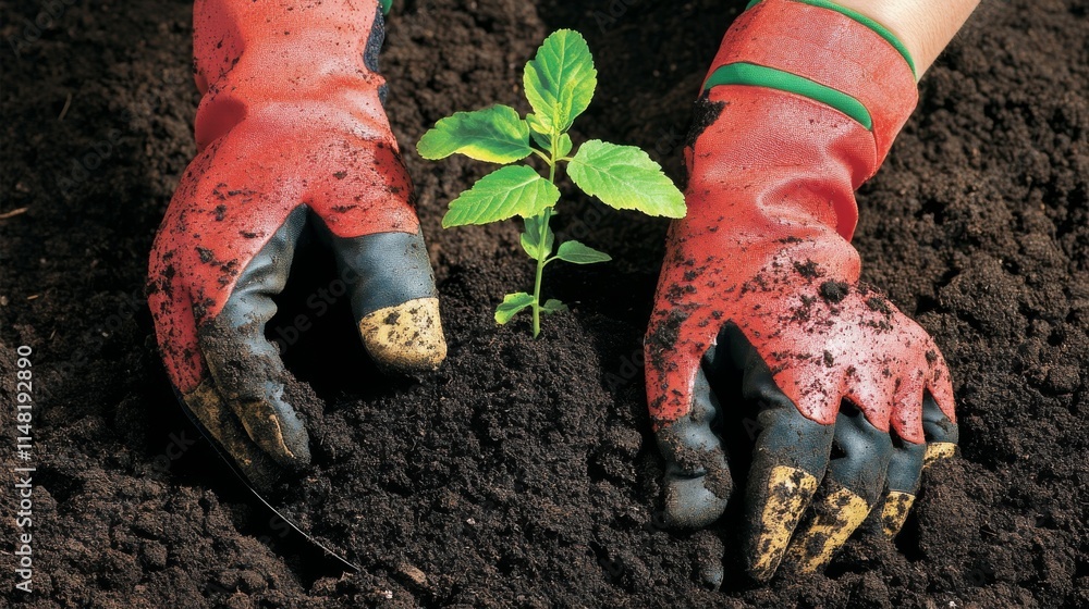 Nurturing Growth: Hands Tending to Soil with Sapling in Background for ...