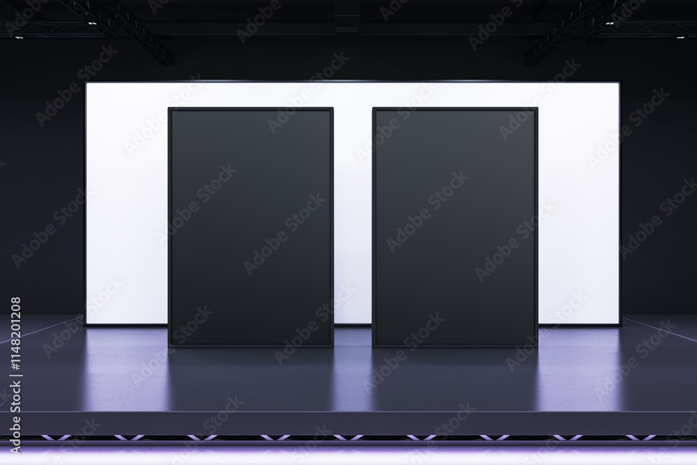 Modern exhibition booth with two black panels on an elevated stage ...