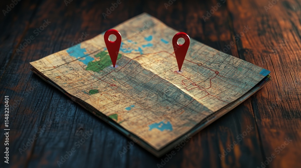 Folded maps navigation, with red color point markers, i am here message ...