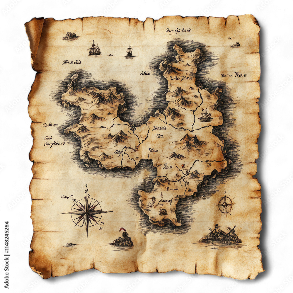 Vintage treasure map of an uncharted island with detailed landmarks and ...