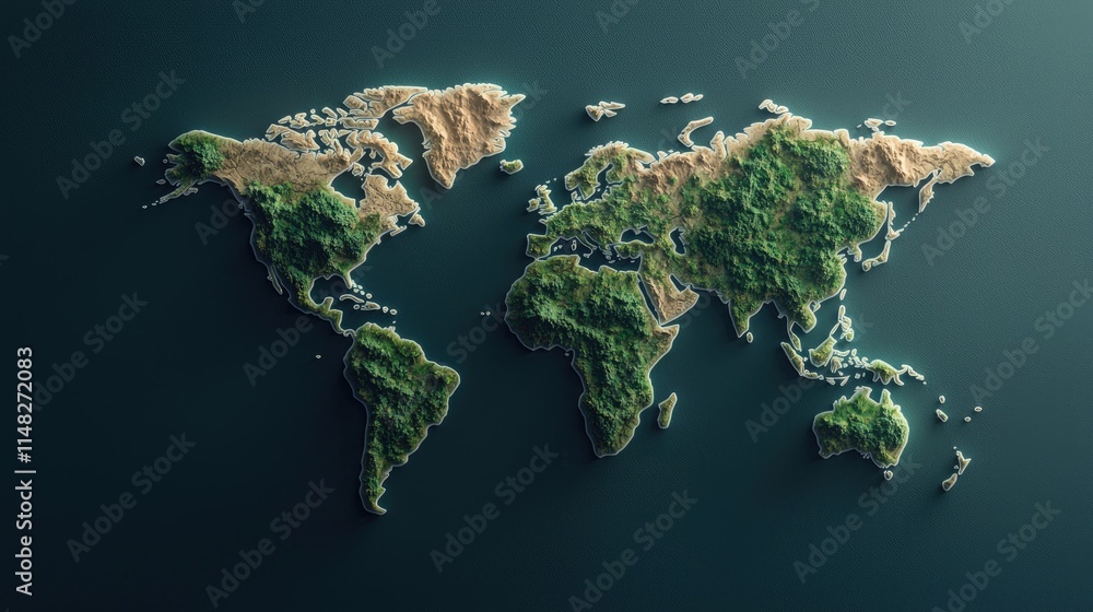 3D topographic world map showing continents, landmasses, and oceans ...