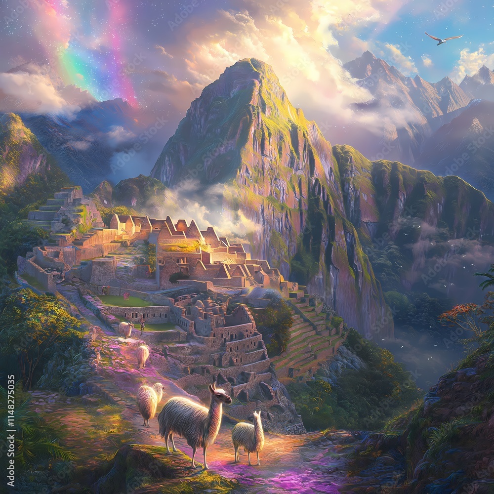 Machu Picchu: A Rainbow Dream - Llamas graze peacefully on the ancient ...