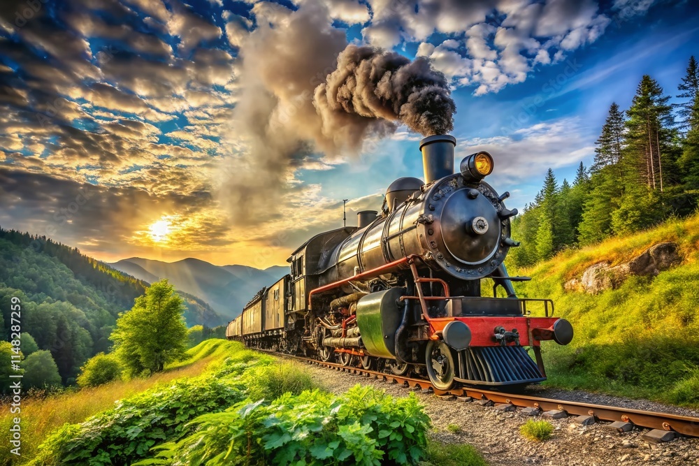 Foto Panoramic View of Historic Steam Locomotive, Vintage Train ...