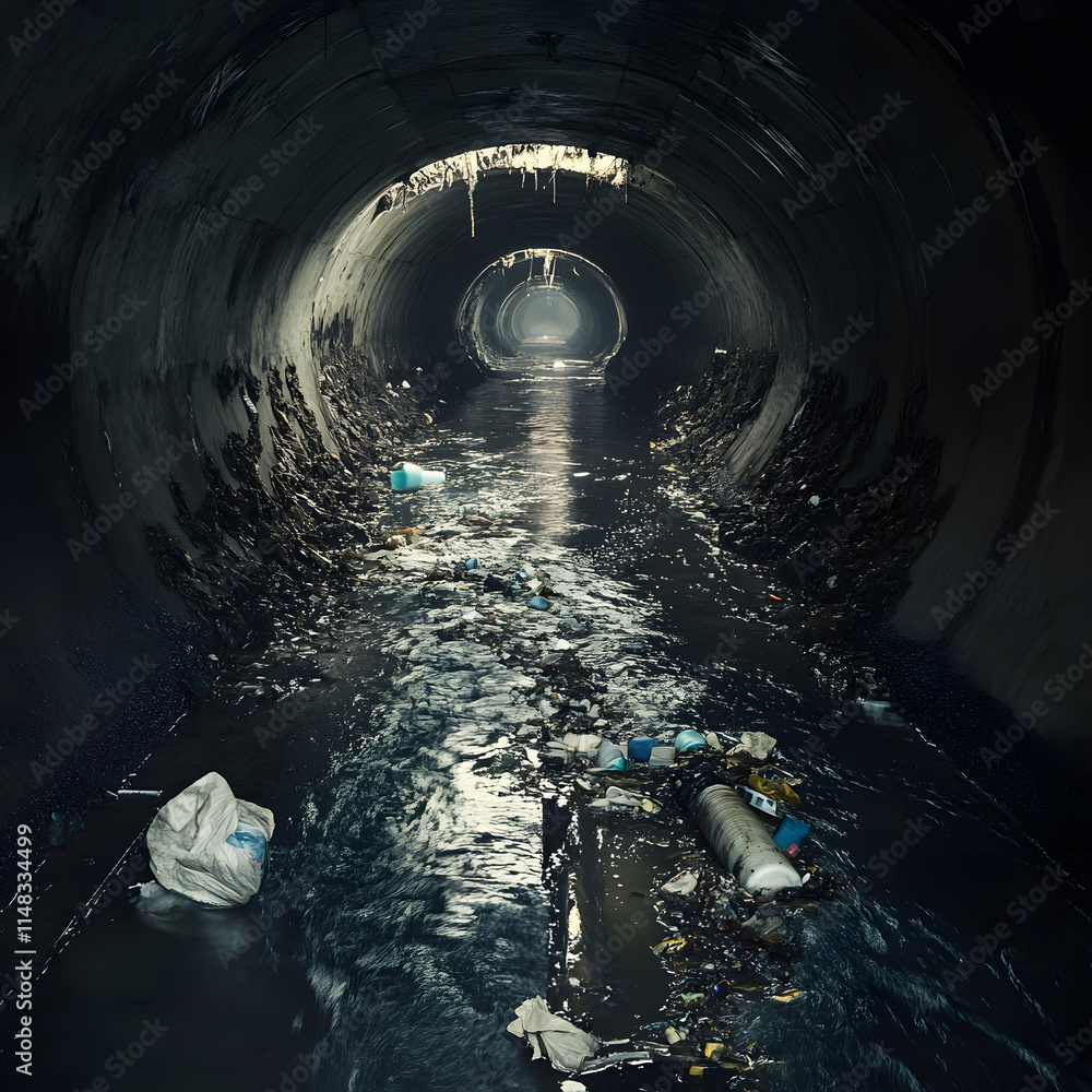 Dark underground sewer tunnel with polluted water plastic waste and ...