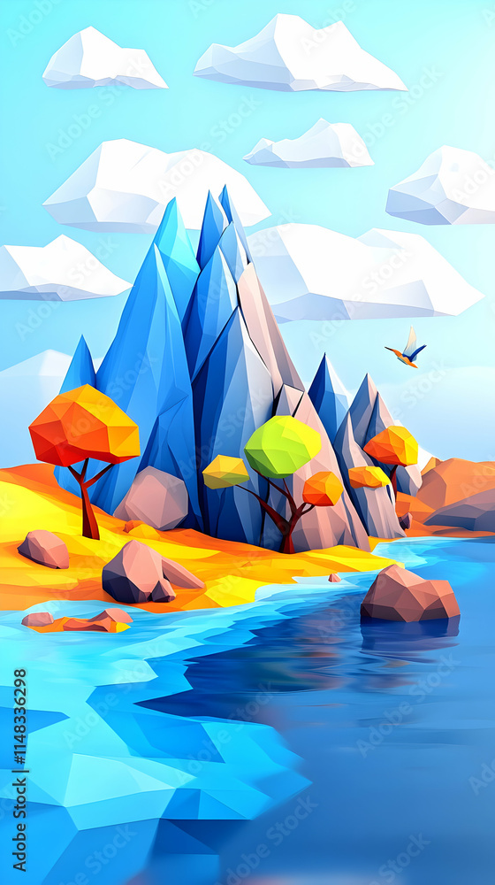 Low-poly mountain lake autumn scene, digital art, nature background ...