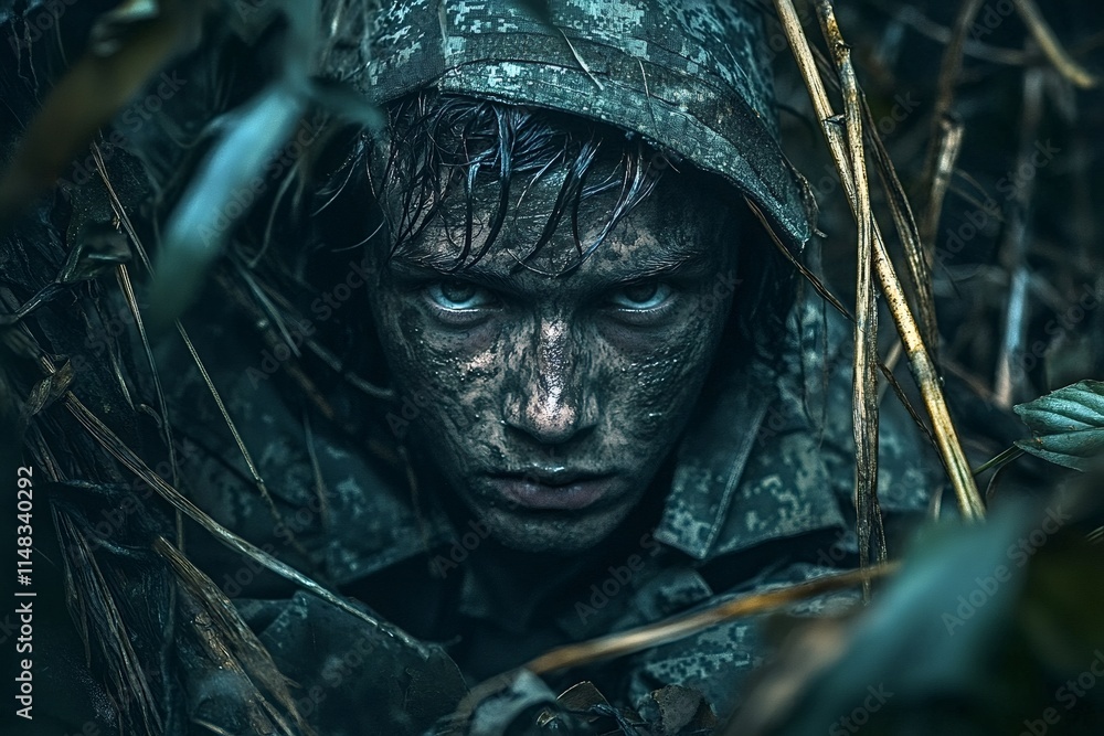 Special forces soldier wearing a camouflage uniform and hood, hiding in ...