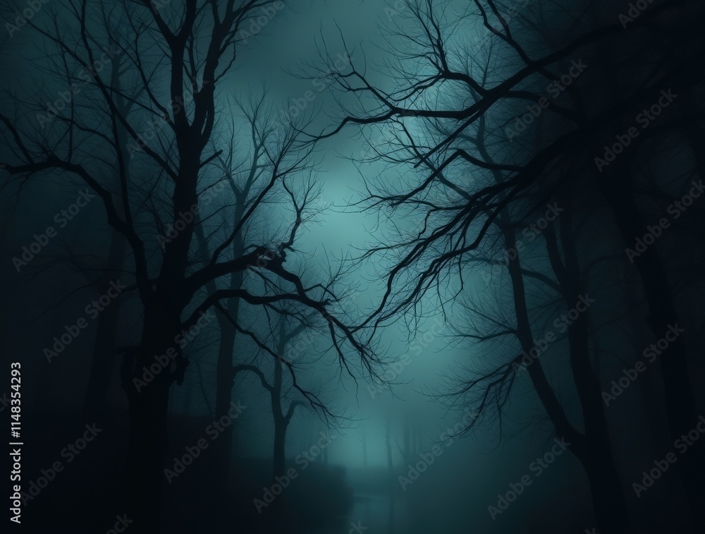 Eerie Forest Path: A misty and mysterious forest path winds its way through a dense stand of ...
