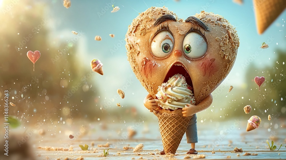 Cartoon heart character slumped over holding a melting ice cream cone ...