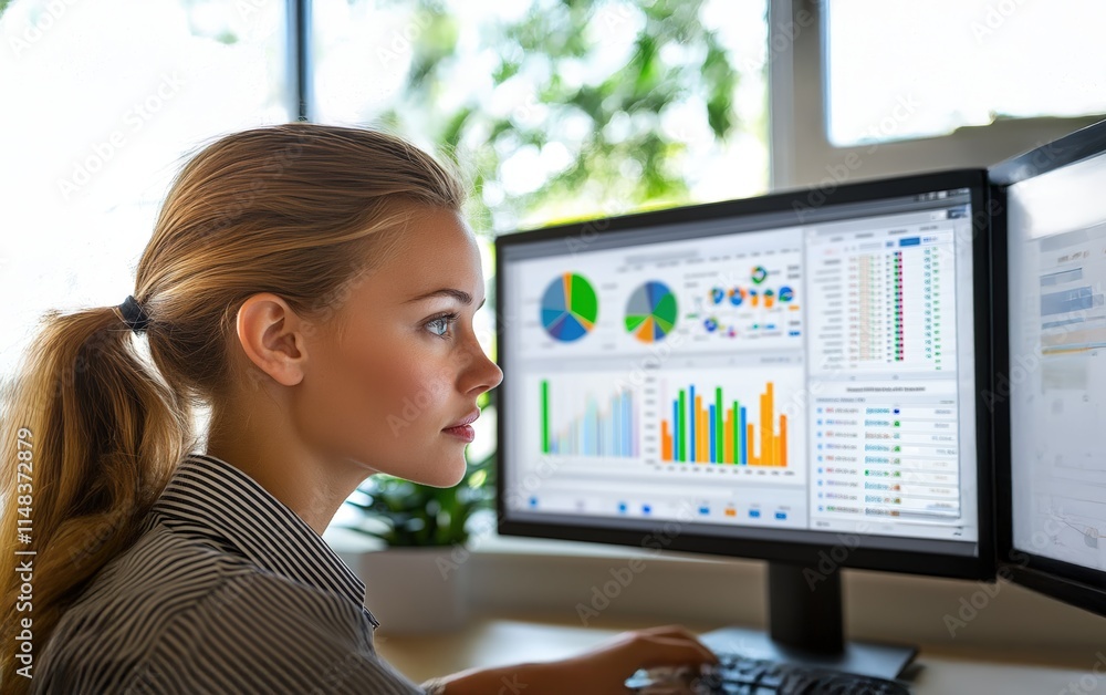 Focused Data Analyst: A young woman intensely analyzes complex charts and graphs on her dual ...