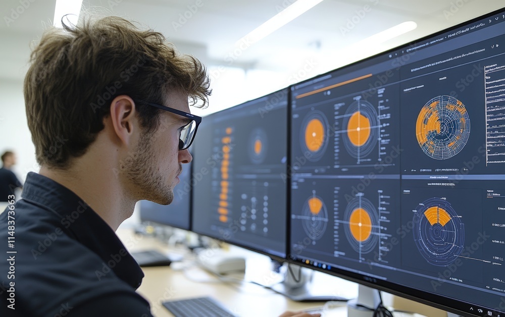 Focused Data Analyst scrutinizing complex visualizations on multiple monitors. Deep dive into ...
