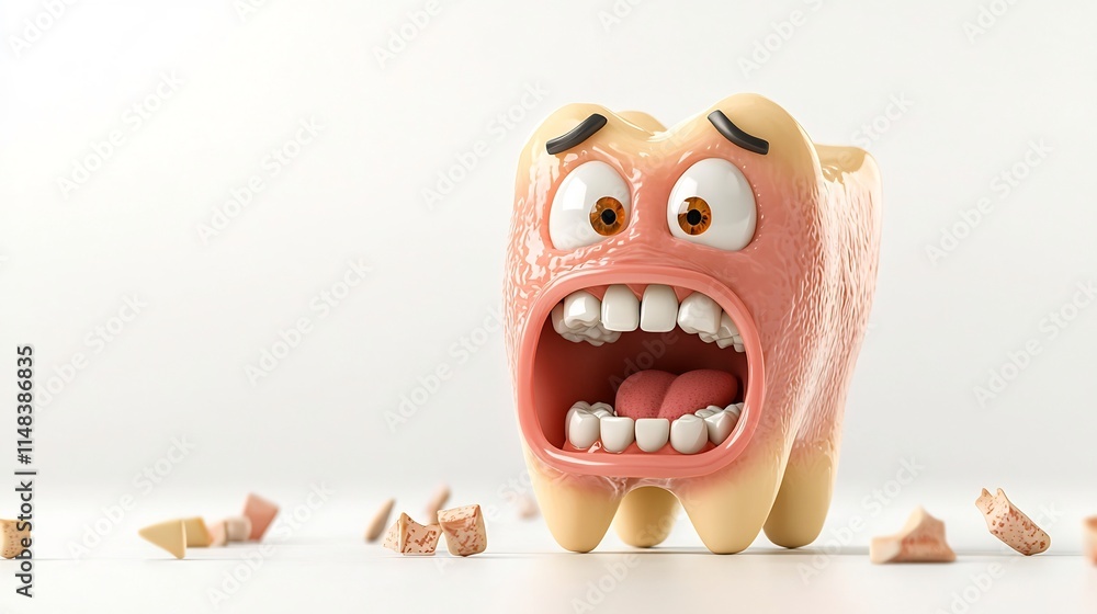 Embarrassed 3D cartoon animation of a decayed tooth with a large cavity ...
