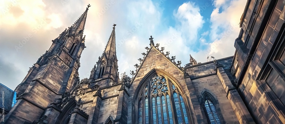 Majestic cathedral exterior, stone spires, gothic architecture, blue ...