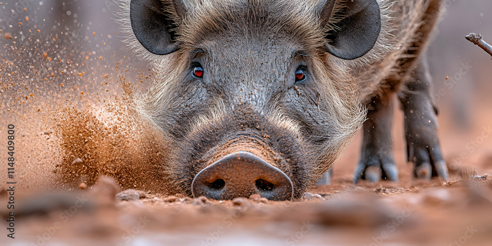 Wild Boar Rooting in Red Earth, A Close-Up Photo of a Powerful Mammal ...