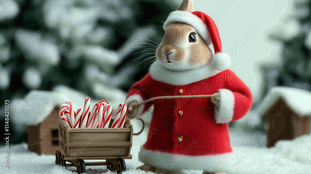 Rabbit Santa concept. Cartoon bunny in Santa outfit pulling cart of ...