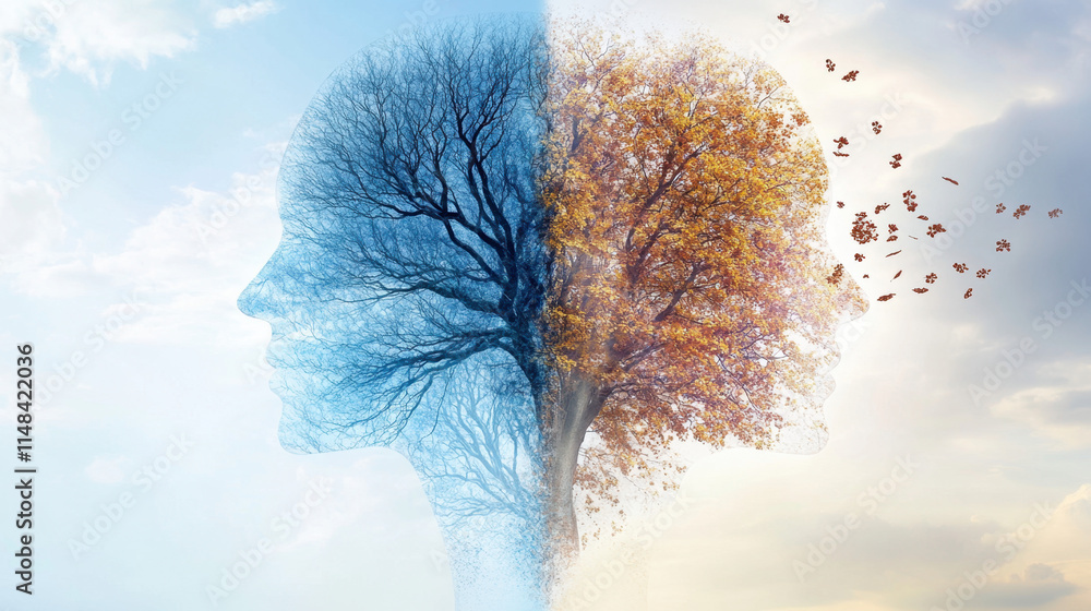 Dementia, A split image depicting a silhouette of a face merging with a ...