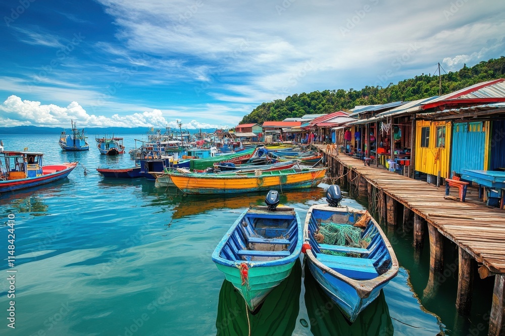 Vibrant fishing village scene with colorful ships and boats coastal ...