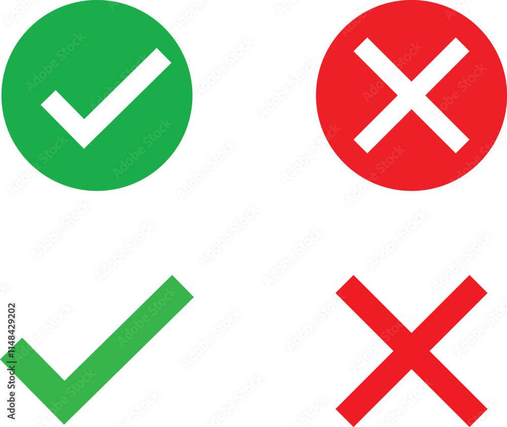Green tick symbol and red cross sign. Symbols of right and wrong ...