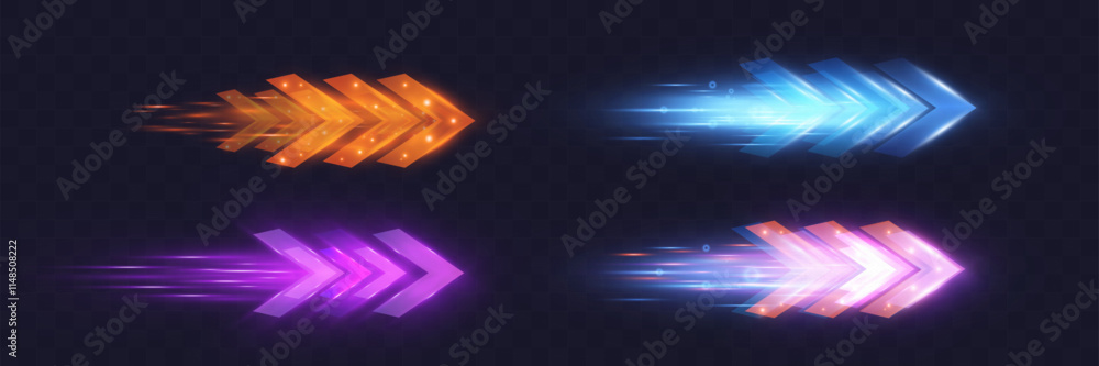Set of glowing arrows in various colors (orange, blue, purple, pink ...