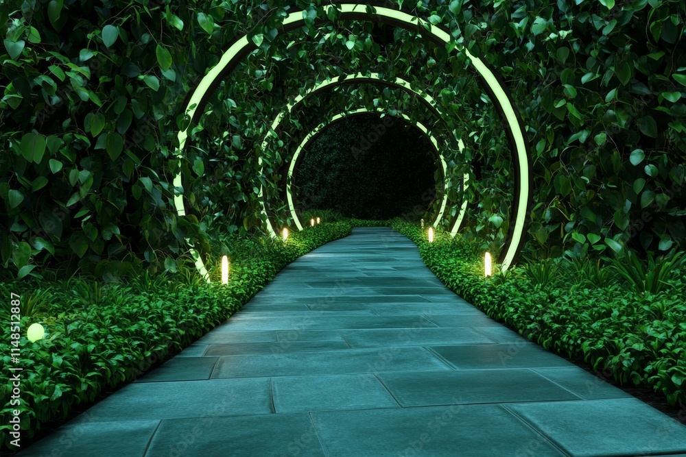 A mysterious garden gate covered in ivy, opening to a shadowy path ...