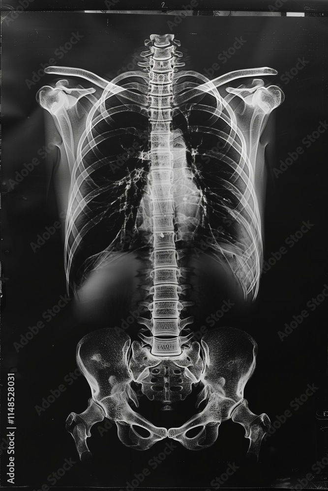 Black-and-white frontal X-ray showing a detailed view of the human ...