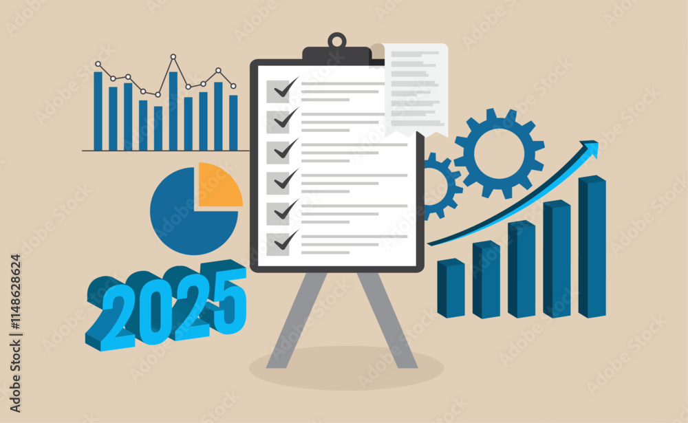 A strategic planning visual for 2025, featuring a checklist, charts ...