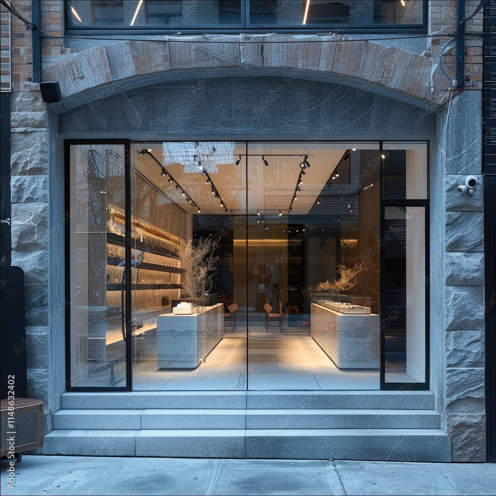 A narrow, recessed storefront entrance with a modern, clean design ...