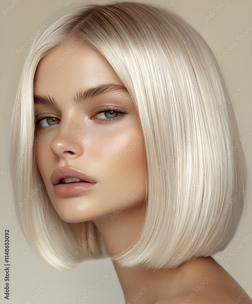 Beautiful Woman Profile Portrait with Golden Blond Bob Hair Style ...