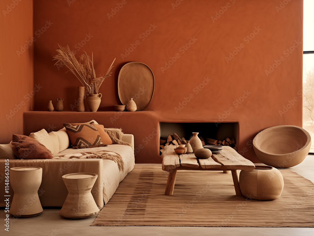 Terracotta japandi and wabi sabi style living room with terracotta stucco textured walls, light ...