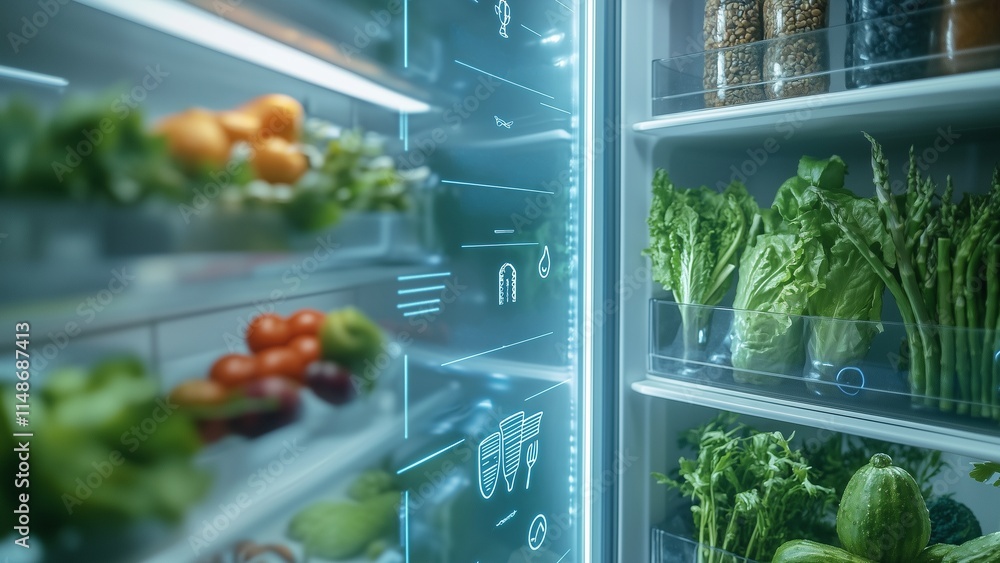 Bright and clean visual of futuristic smart refrigerators stocked with ...