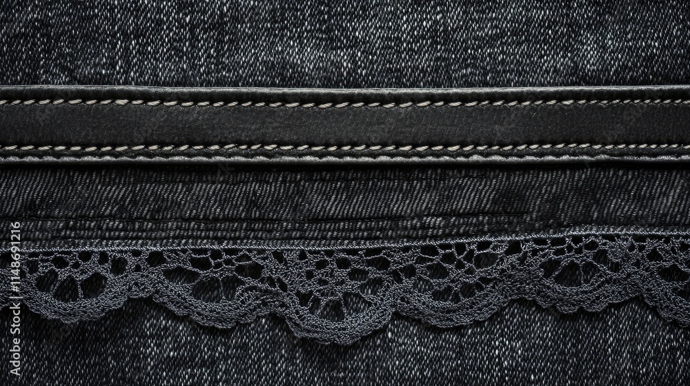 Black denim background with lace borders and small leather label. Dark ...