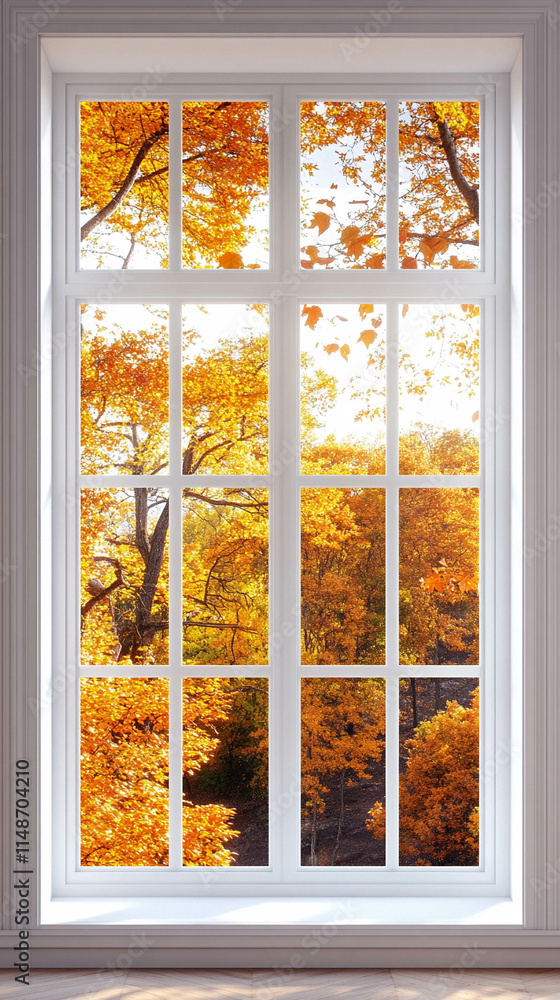 A vertical photo of a white and bright window close-up with a fall ...