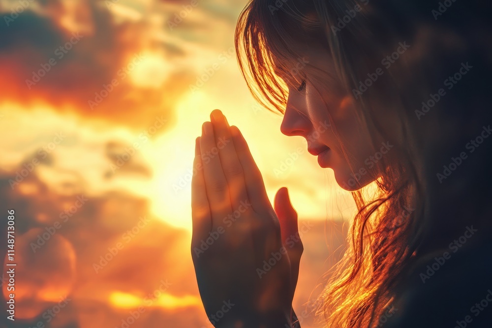 A woman earnestly prays hands joined seeking divine guidance from Jesus ...
