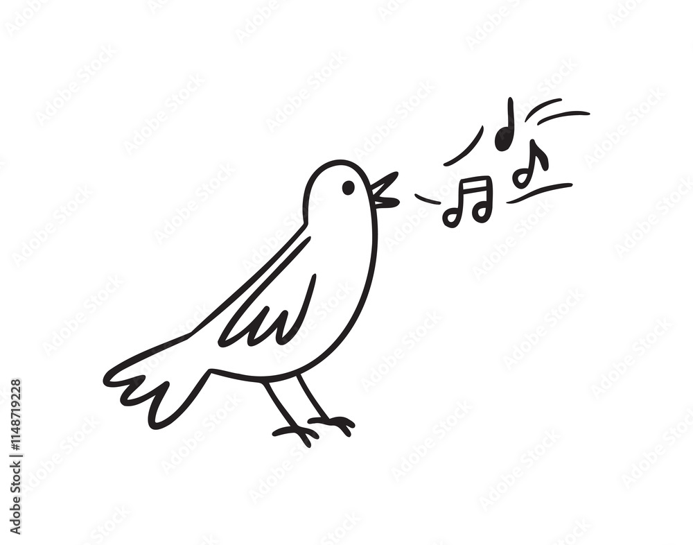 Bird nightingale singing doodle hand drawn icon. Outline drawing bird ...