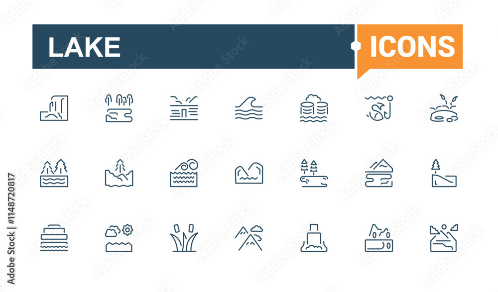 Lake icon set. Containing hill, rest, tree, sea, desert, park, house and more. Minimal linear ...