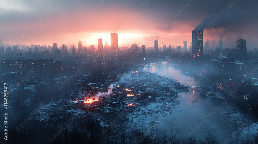 post-apocalyptic cityscape showcasing destroyed buildings, burning ...