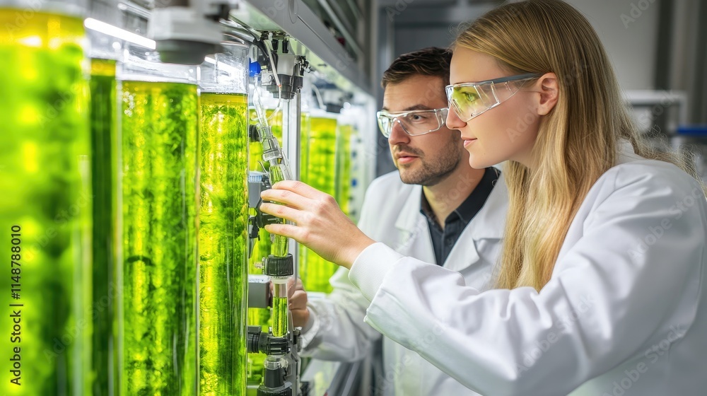 Scientists monitoring algae bioreactors in research lab; developing ...