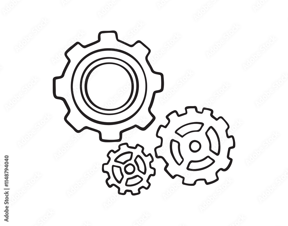 cogs and gears doodle hand drawn icon. Outline drawing settings three ...