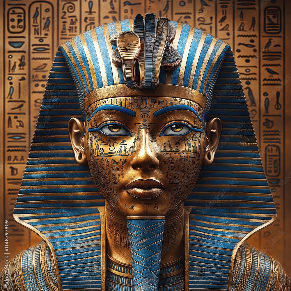 Ancient Egyptian pharaohs mask closeup illustration shows golden mask ...