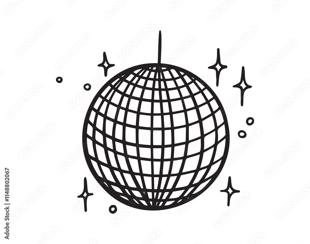 disco ball doodle hand drawn icon. Outline drawing disco ball for party ...