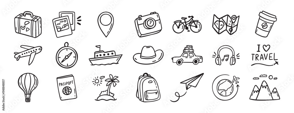 travel doodle hand drawn icon set. Outline drawing travel tourism line ...